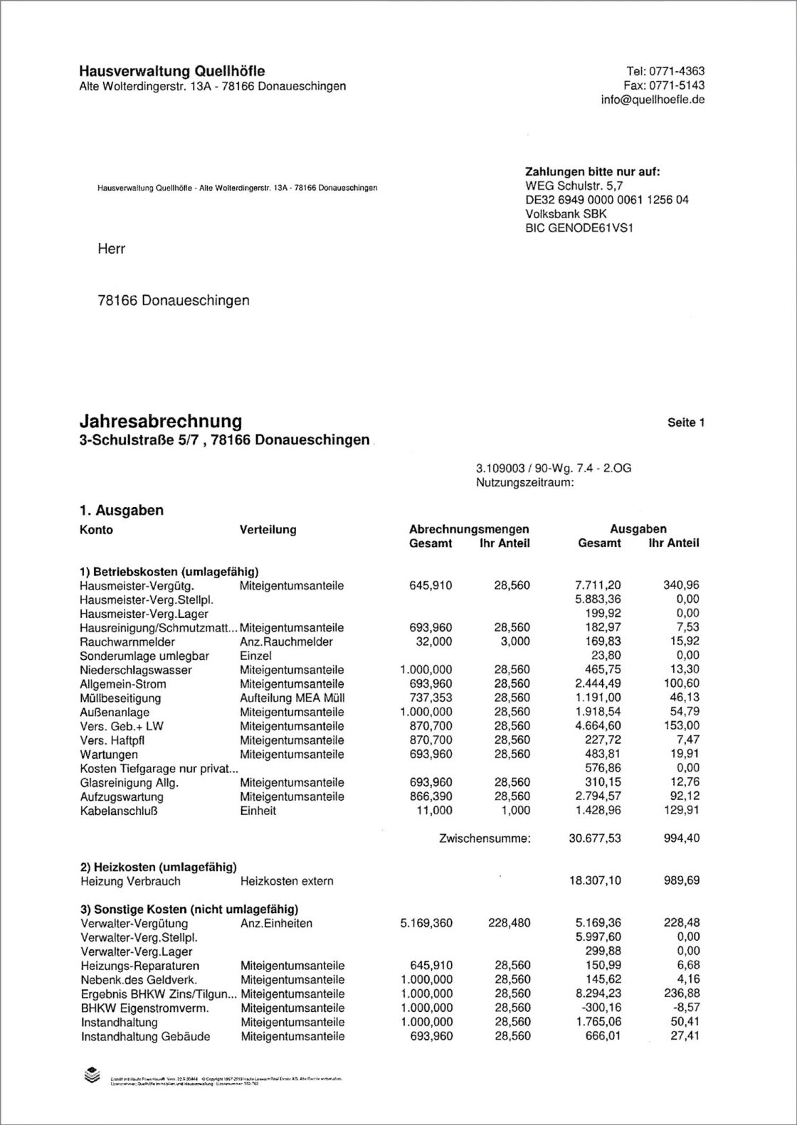 Musterabrechnung – Quellhöfle Hausverwaltung GmbH